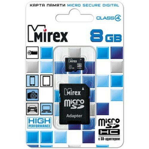Карта памяти microSDHC Mirex 8 Гб класс 4 - с адаптером SD