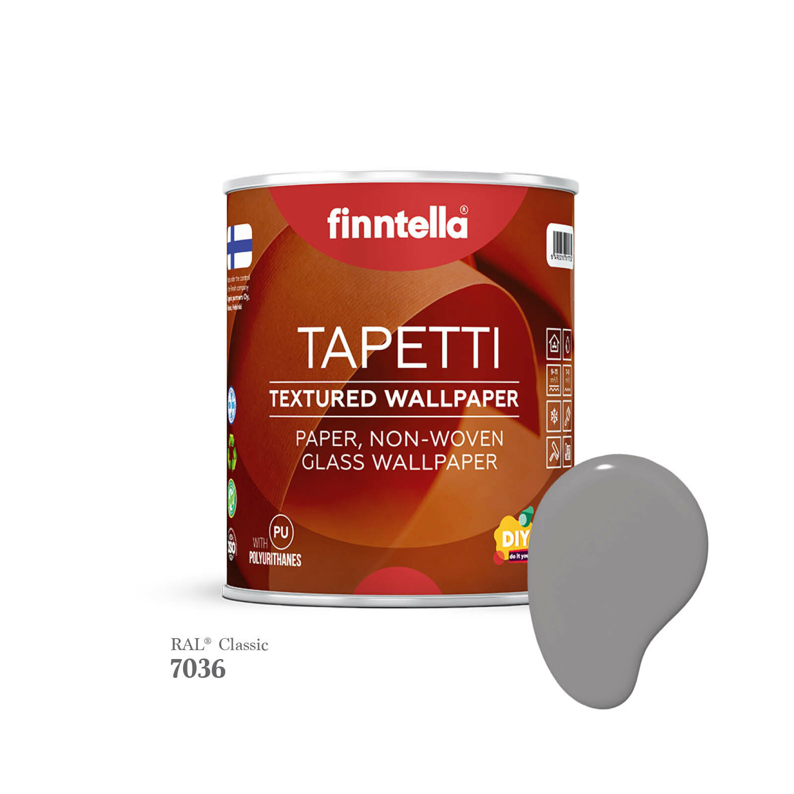 Шелковисто-матовая краска для обоев под окраску TAPETTI SILKKI Matta FINNTELLA, Цвет RAL 7036 Платиново-серый (Platinum grey), 0,9л