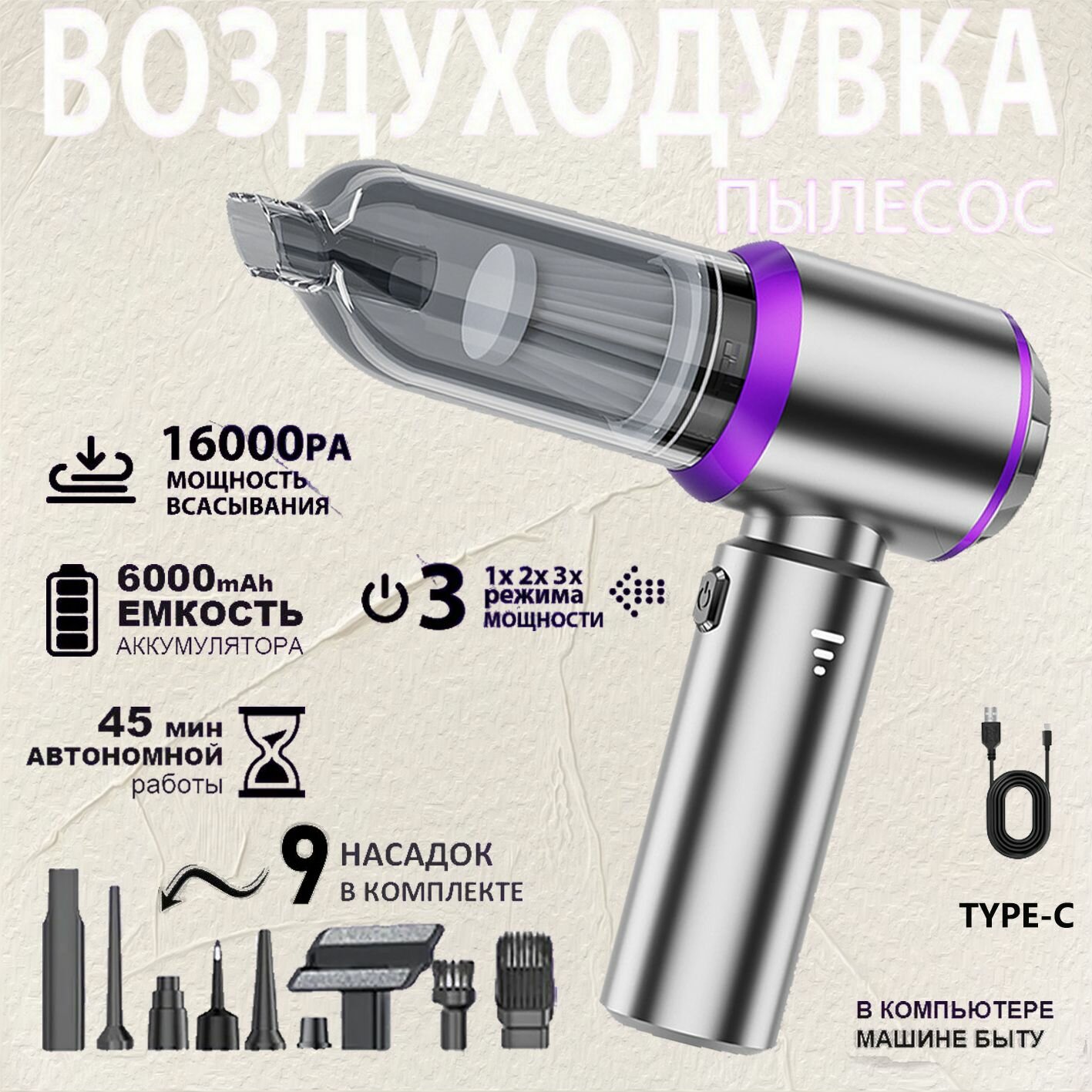 Воздуходувка аккумуляторная для компьютера 6000 мАч мощная / ручной мини пылесос для автомобиля