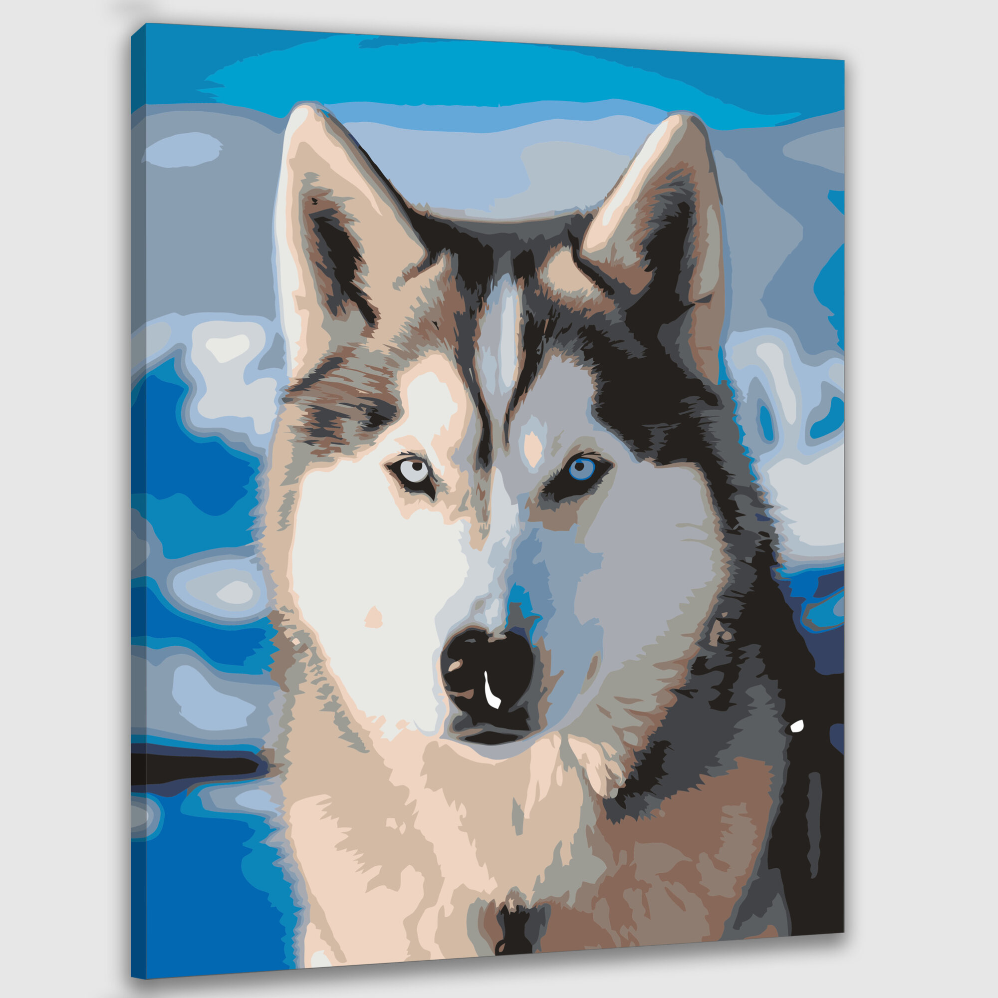 Картина по номерам 40x50 см, сибирская хаски, заснеженные горы, зимнее небо, голубые глаза, густая шерсть, 2.8L