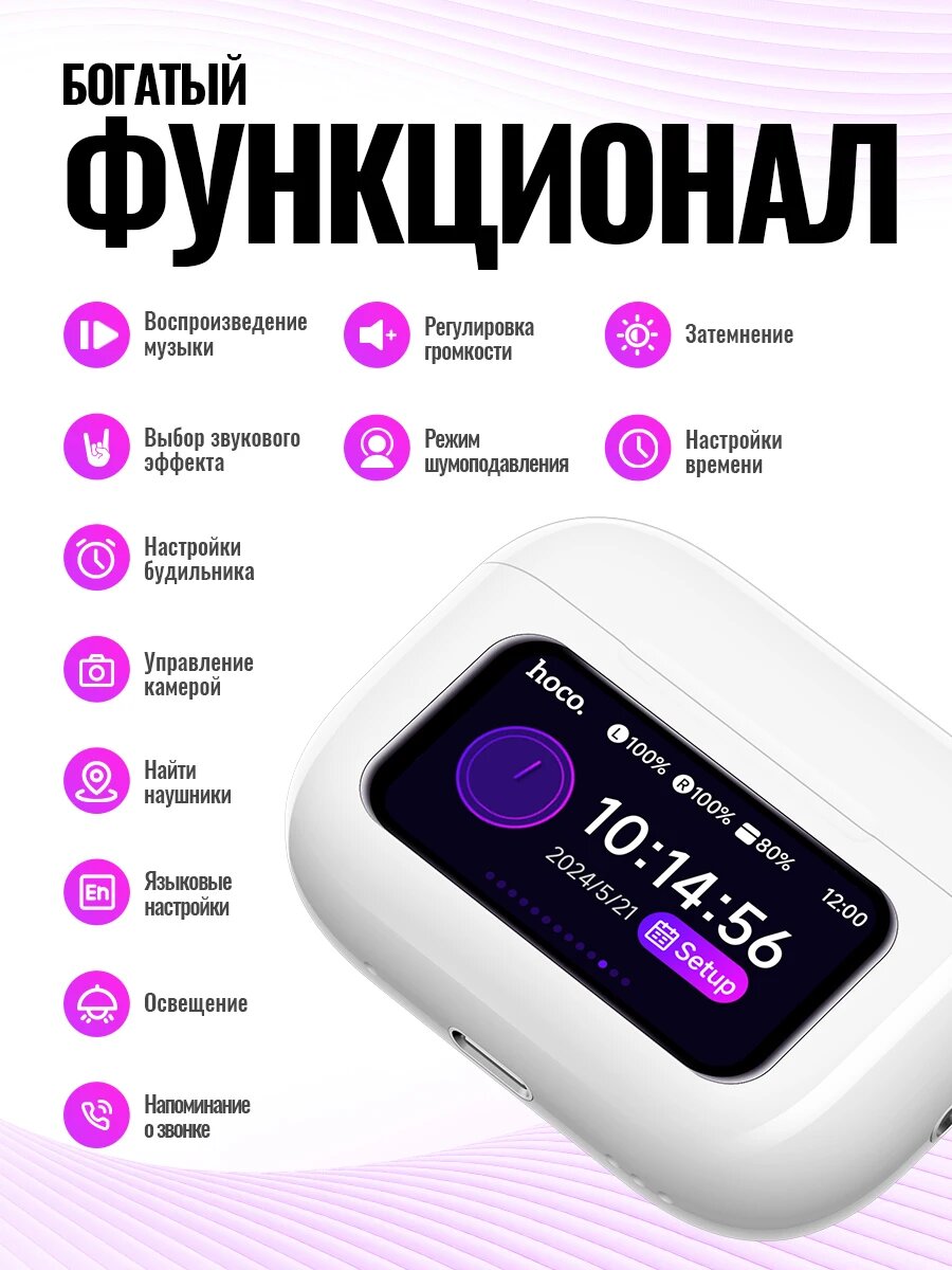 HOCO EW72 Беспроводные наушники Bluetooth 5.4 ANC с шумоподавлением и светодиодным сенсорным смарт-экраном, зарядное устройство, музыкальные спортивные наушники