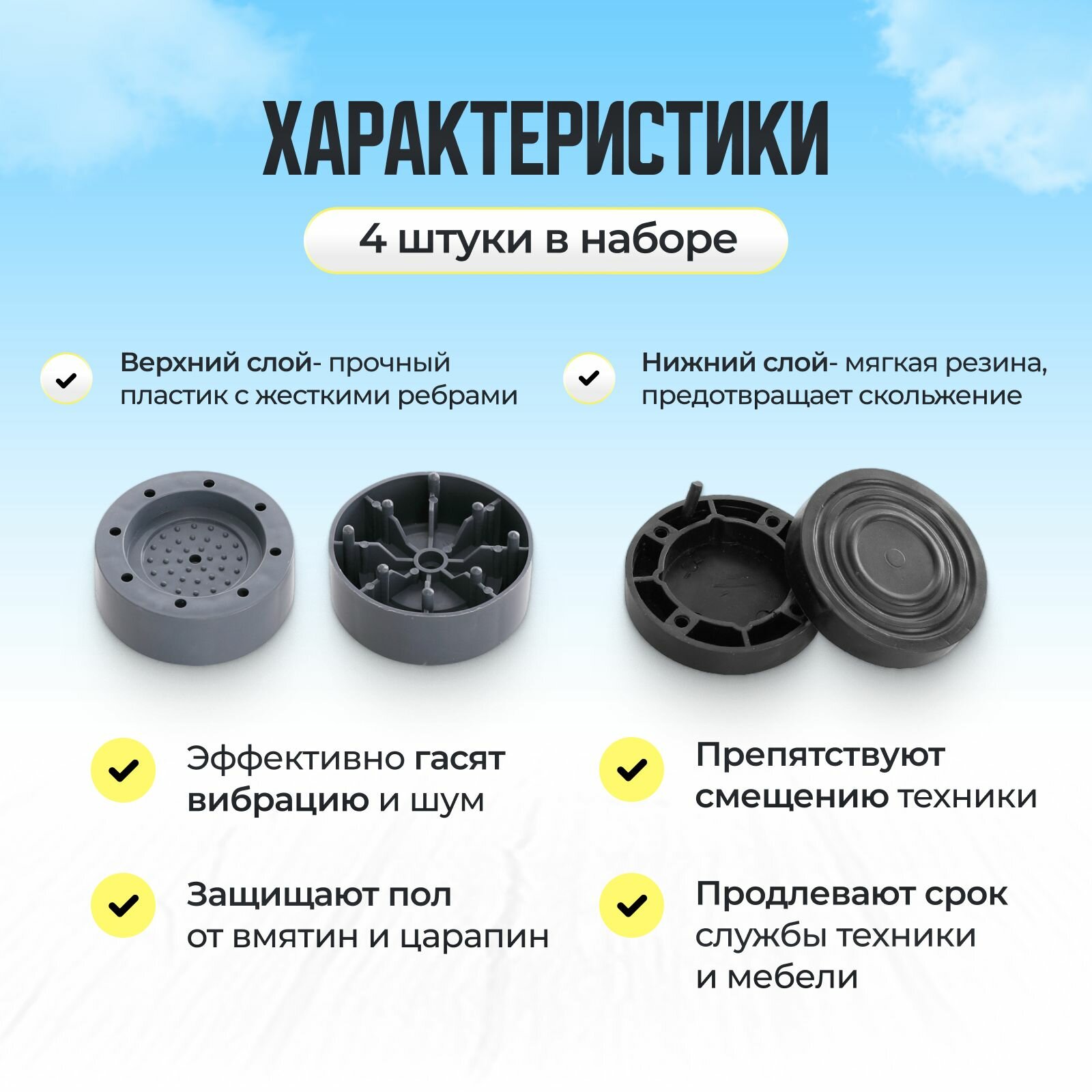 Антивибрационная подставка, для стиральной машины, N543, 4шт, серая, черная, белая — фото 1