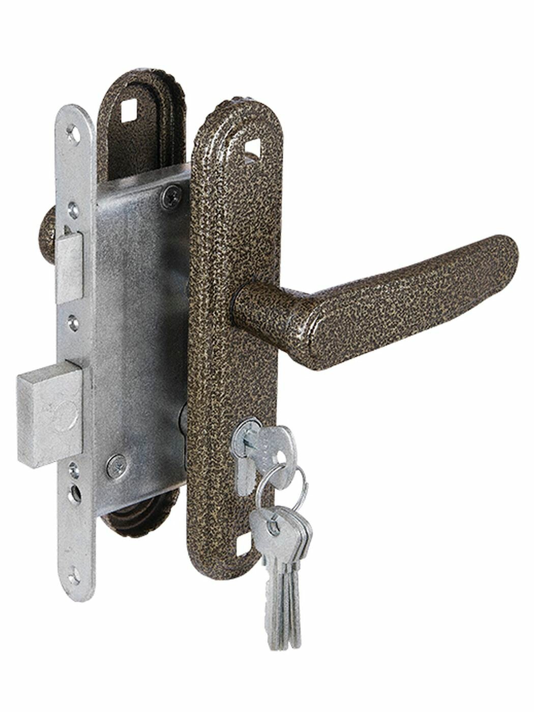 Ручка дверная на планке с замком под цилиндр с защелкой зенит ЗВ4-3.03 (бронза), 4 кл.