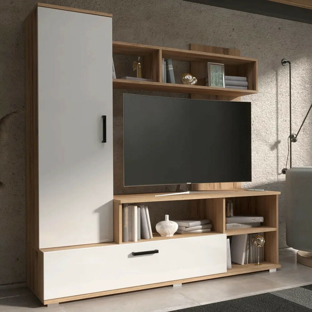 Стенка для гостиной Миф Мини 150х152х44см Белый глянец/ корпус Дуб крафт