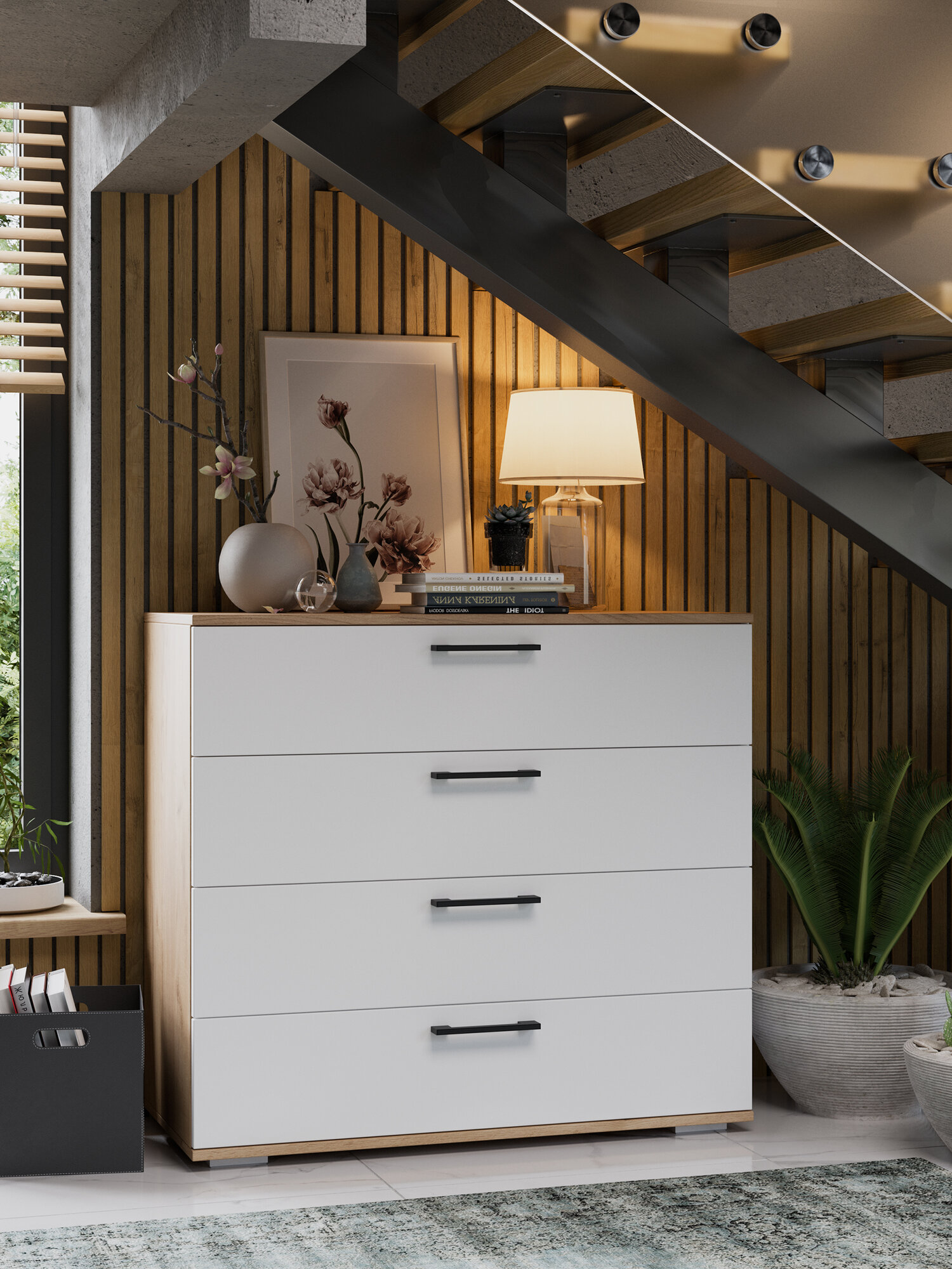 Комод ТриЯ Нео, белый, дуб крафт золотой, 4 ящика, 92 см x 41см x 84см