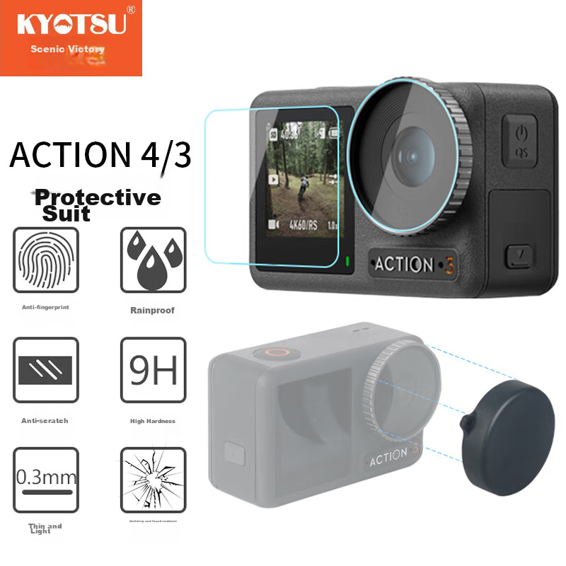 KYOTSU Jingsheng, DJI OSMO ACTION 4/3 Universal Accessories, Tempered Glass Film + Lens Cap (High-Definition Protective Film And Lens Plastic Protective Cover)