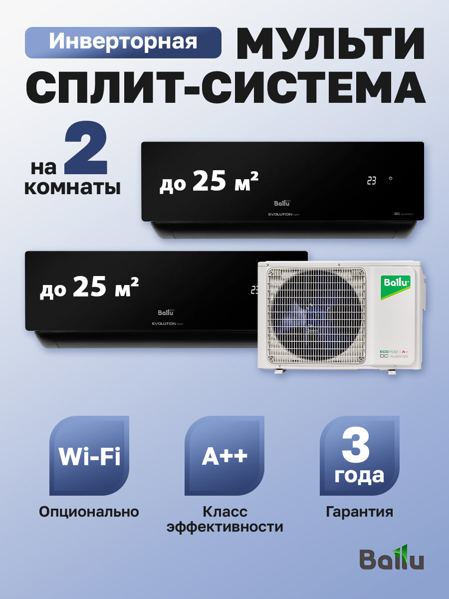 Mульти сплит-система на 2 комнаты 25+25м2 инвертор Ballu Free Match BA2OI-FM-14HN8/EU + 2 BSUI-FM-09HN8/EU_BL