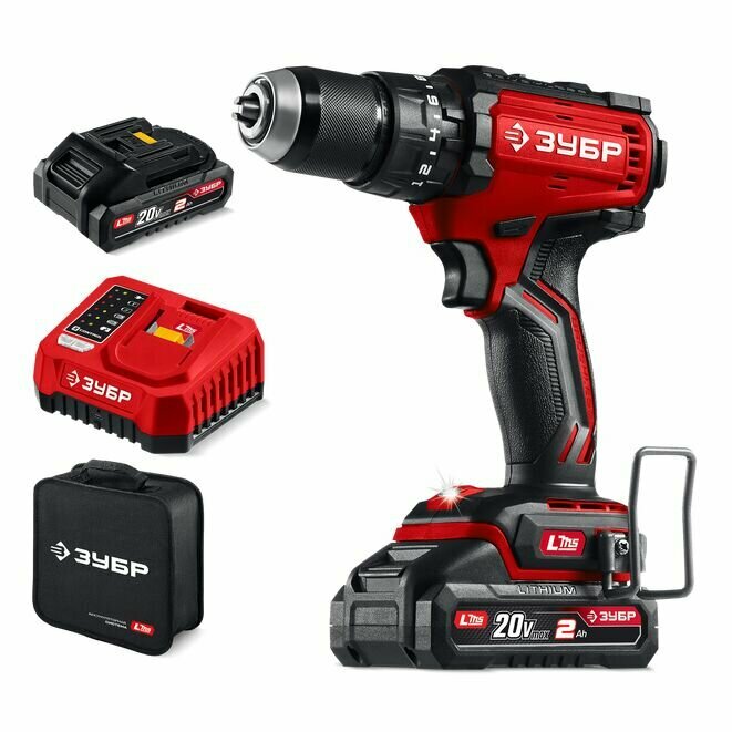 Бесщеточная ударная дрель-шуруповерт ЗУБР 20 В, 65 Н·м, 2 АКБ LMS (2 А·ч), сумка (ДБУ-65-22)
