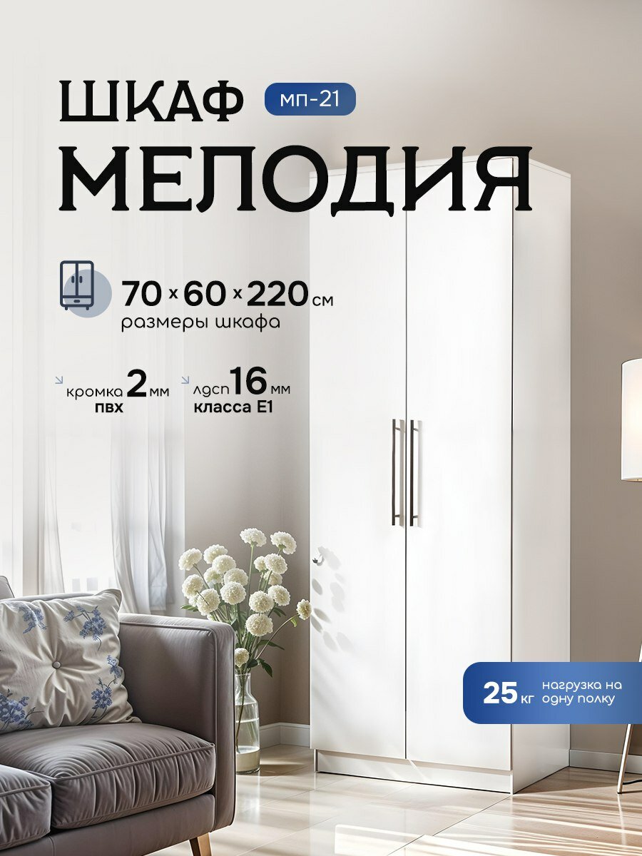 Шкаф с полками Мелодия МП-21 70х60х220 см, распашной, в прихожую, лдсп белый