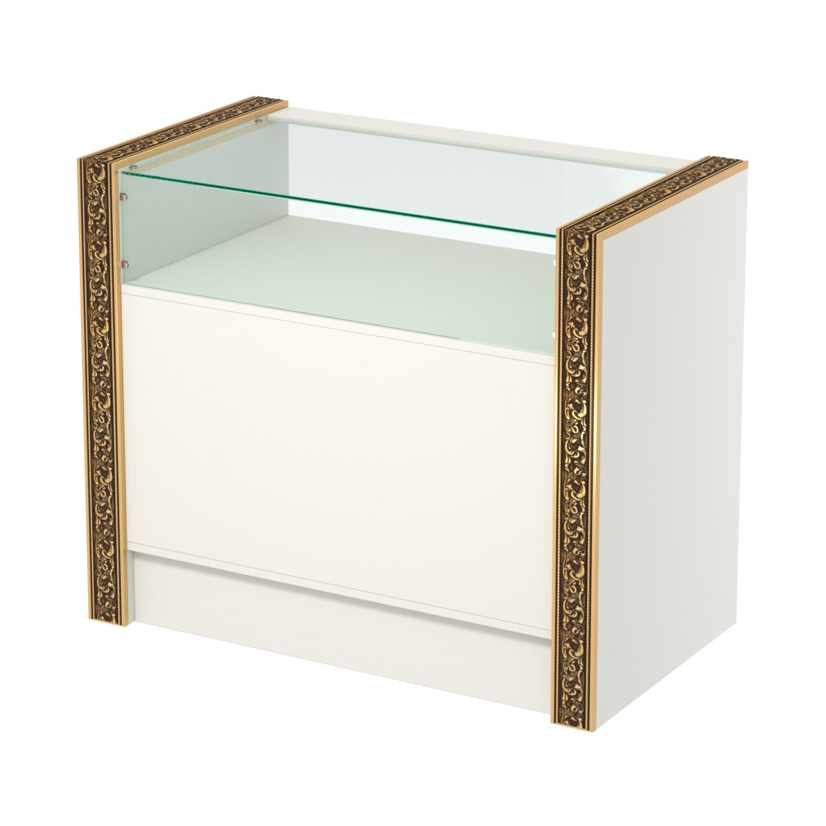 Недорогой прилавок с большим накопителем и декоративными молдингами №ПДМ-2-900, Белый