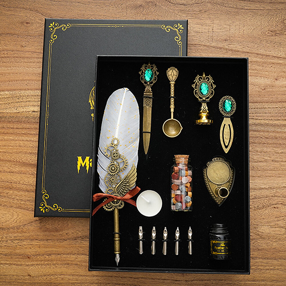 Винтажный набор перьевых ручек и чернил. Изящная металлическая ручка-перо с декоративным механизмом, подставка для ручки, чернила 10 мл, восковые шарики, сменные перья. Идеальный подарок на день рождения для детей, друзей-студентов и подписей.