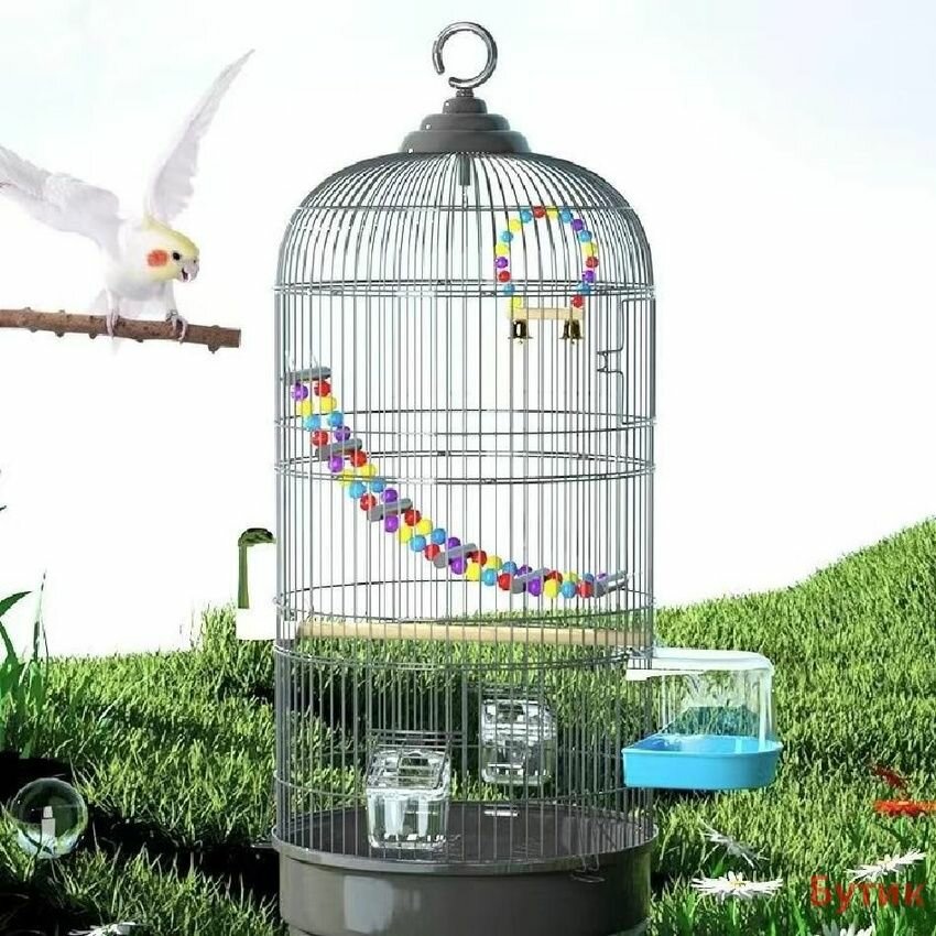 Клетка для птиц круглая, черная, 34*34*65 см, набор из 5 предметов.