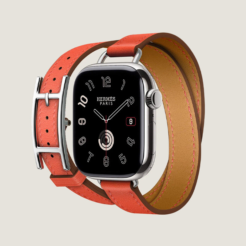 Часы Apple Watch Hermès Series 11 GPS + Cellular 42mm Silver Titanium Case with Orange Field Hapi Attelage Double Tour