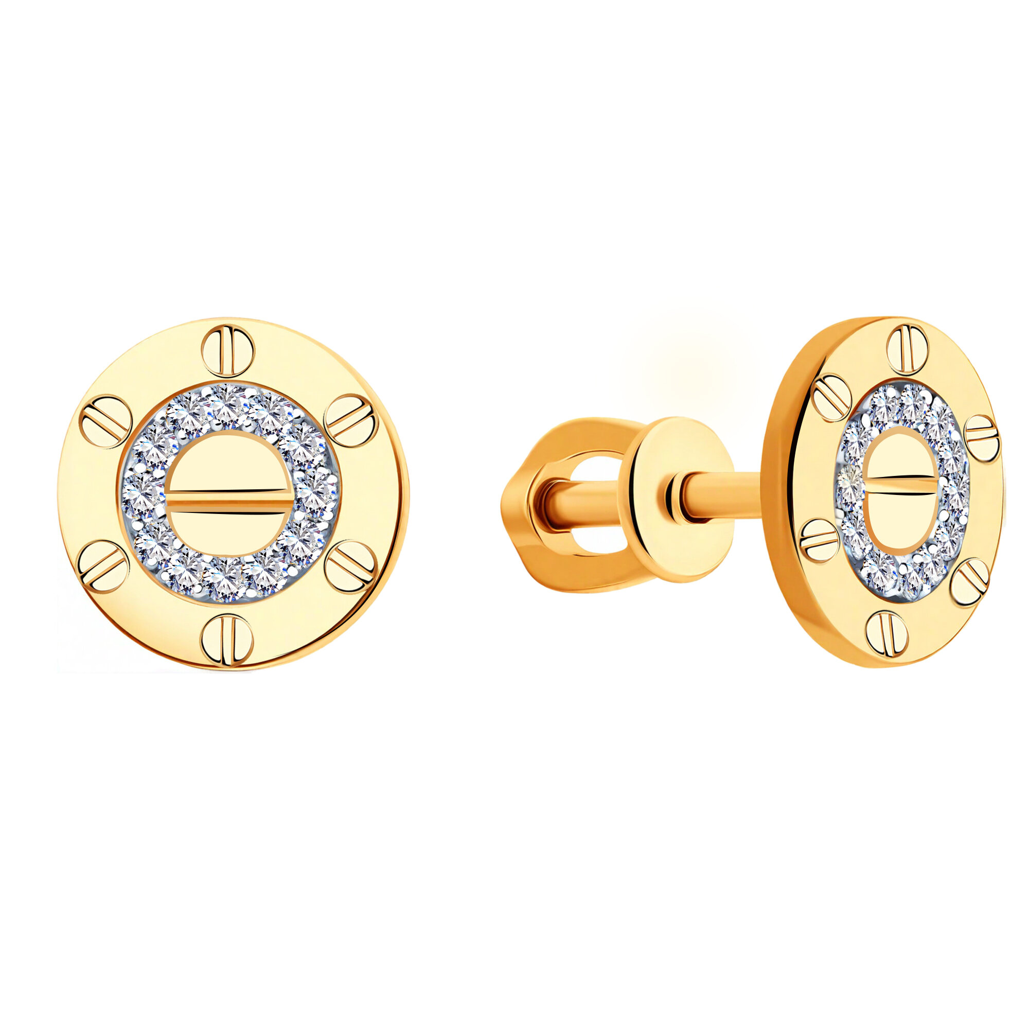 Серьги пусеты, красное золото, 585 проба, фианит