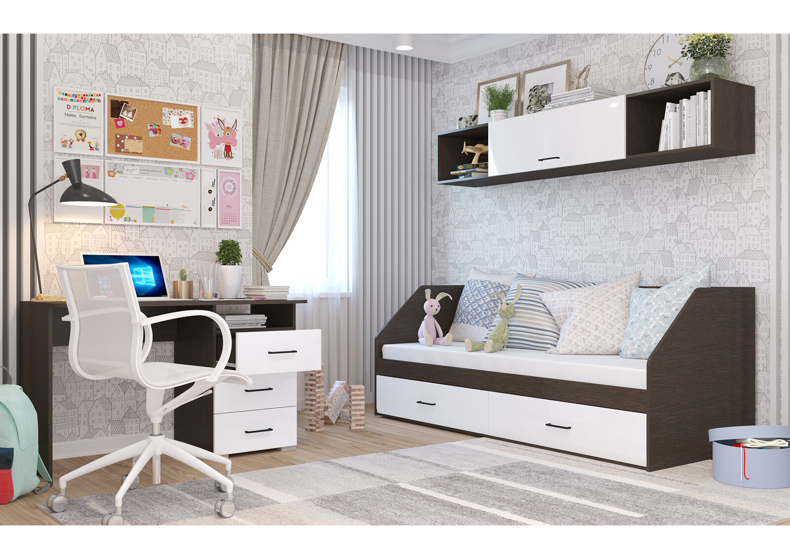 Кровать детская "Ненси" 800/2 ящика, с матрасом, (Венге/Белый Глянец МДФ), Горизонт