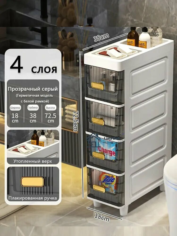 Тумба для ванной, ABS пластик, глянцевая, ножки, серая, 18x38x72.5см