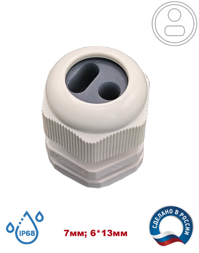 Кабельный ввод пластиковый М25 с мультивставкой для 1 провода 3-7 мм и плоского кабеля 6*13мм, материал PA черный, IP68