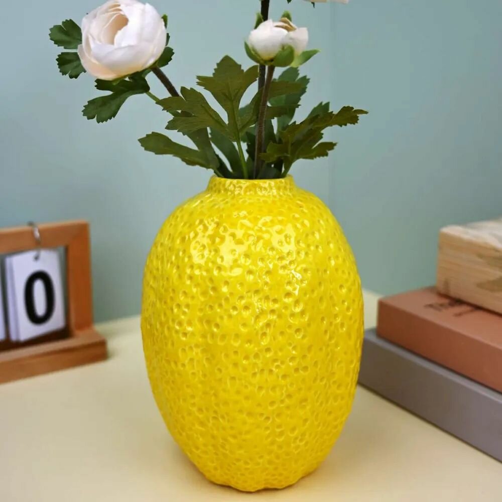 Керамическая ваза в форме лимона для цветов и декора, 18.5 см, желтая, ручная роспись, стильный декор для дома и офиса, подарок на праздник