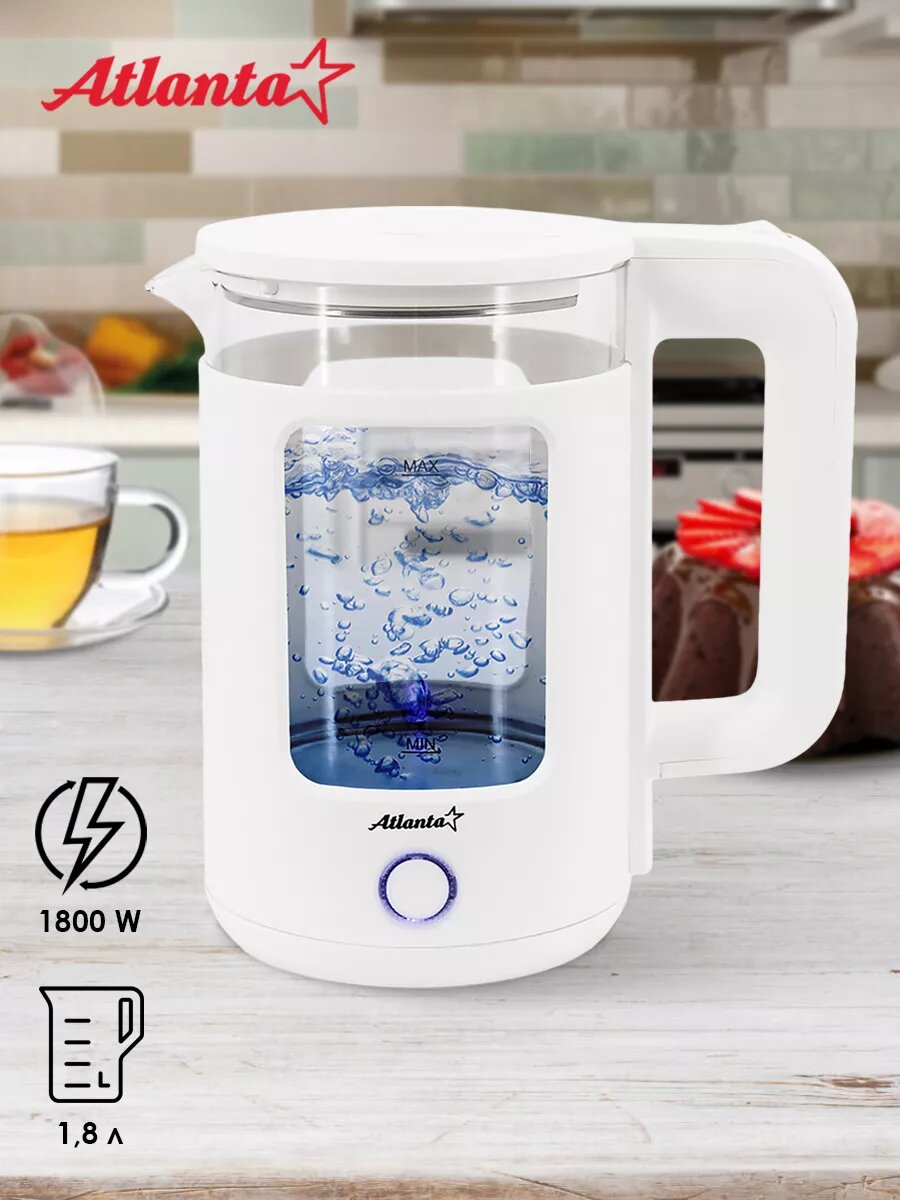 Электрочайник Atlanta ATH-2474, с подсветкой, 1800Вт, стеклянный, 1,8л
