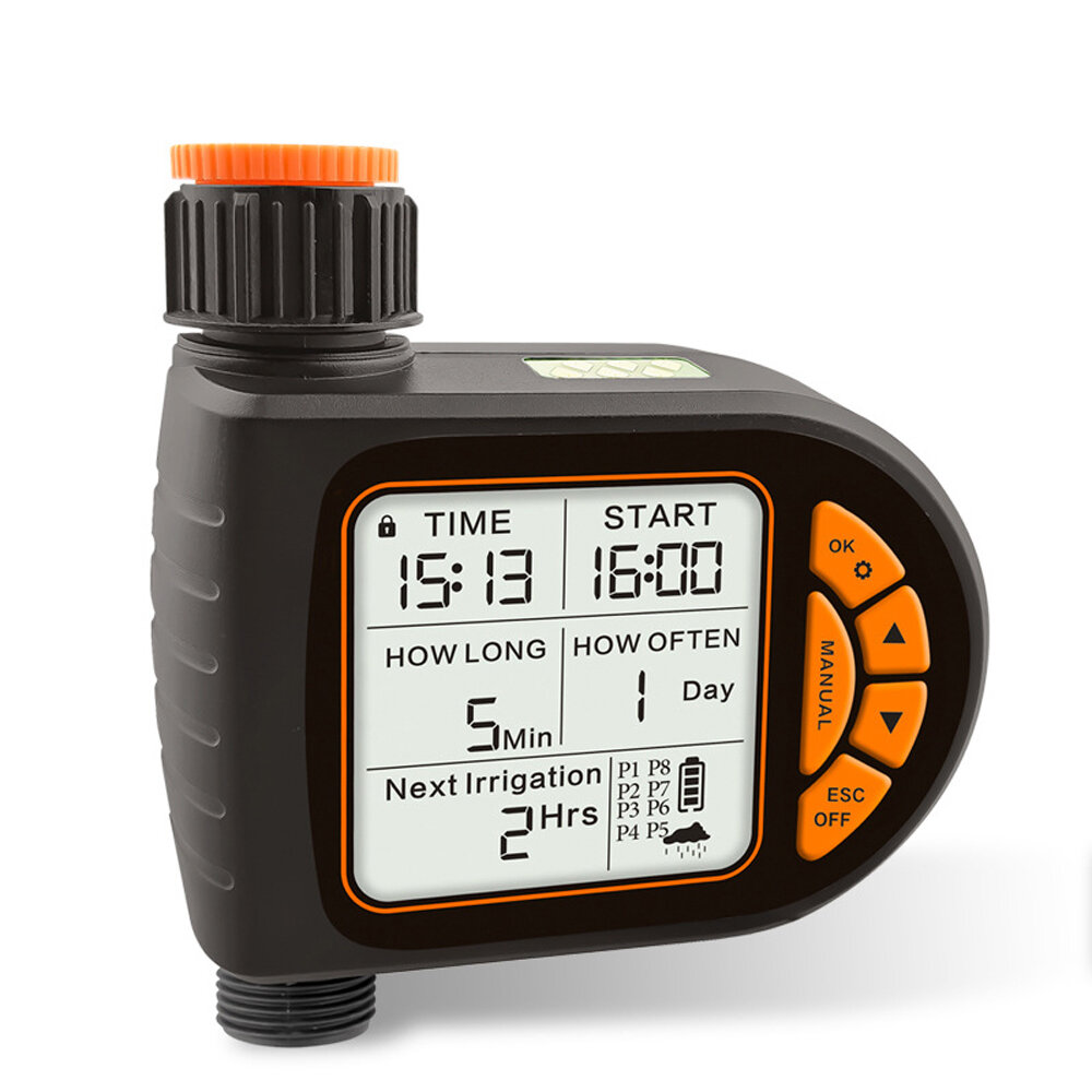 Устройство для управления поливом сада с ЖК-экраном, автоматический контроллер экономичного полива, цифровой таймер полива растений для улицы, цвет: оранжевый+черный, размер изделия: 130*120*45 мм, 8 программ таймера полива, давление воды: 1-8 кг, расход