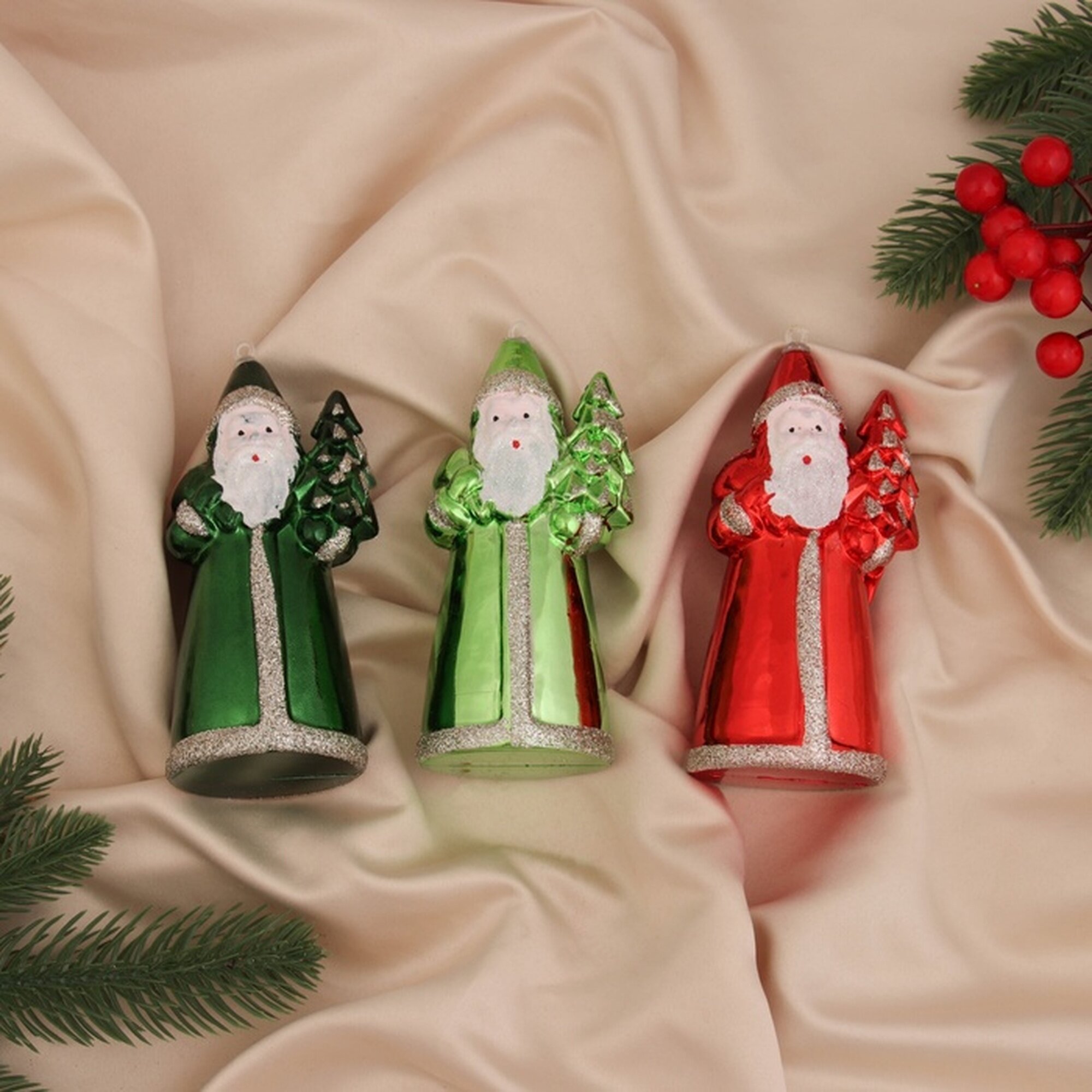 Ёлочные игрушки "Дед Мороз колор" (набор 3 шт) 12х5,5 см, красный зелёный