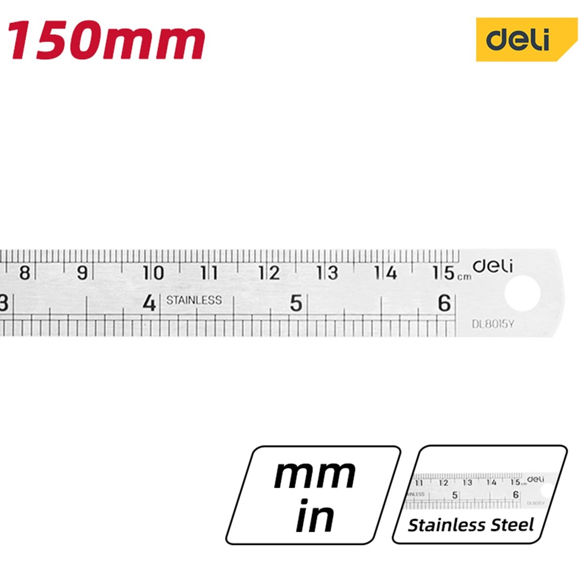 Стальная линейка Deli DL8015Y (150мм, нержавеющая сталь, травленая разметка)