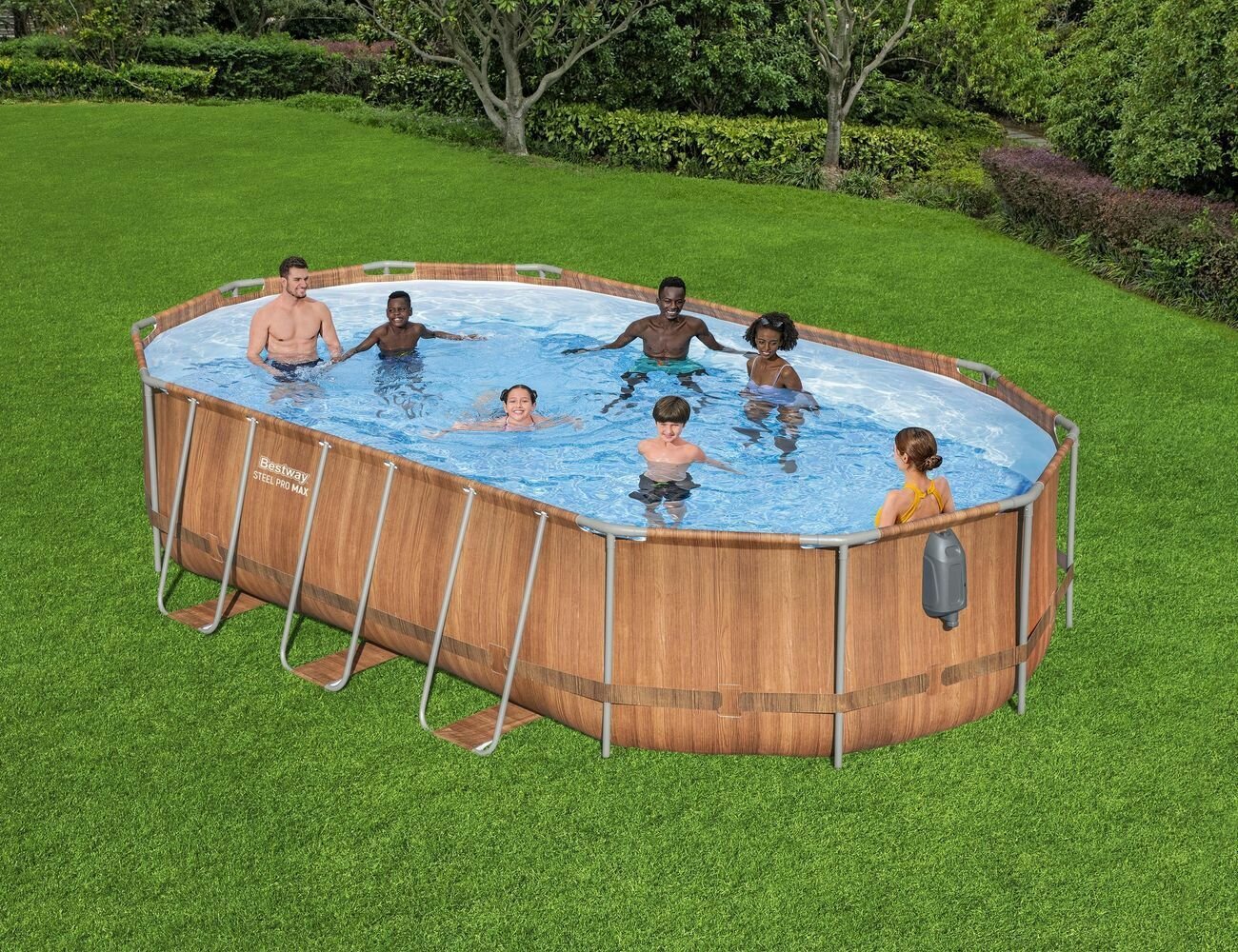 Каркасный бассейн овальный Power Steel Comfort Jet с гидромассажем, 610х366х122 см + фильтр-насос + аксессуары, BestWay, 56719-кор