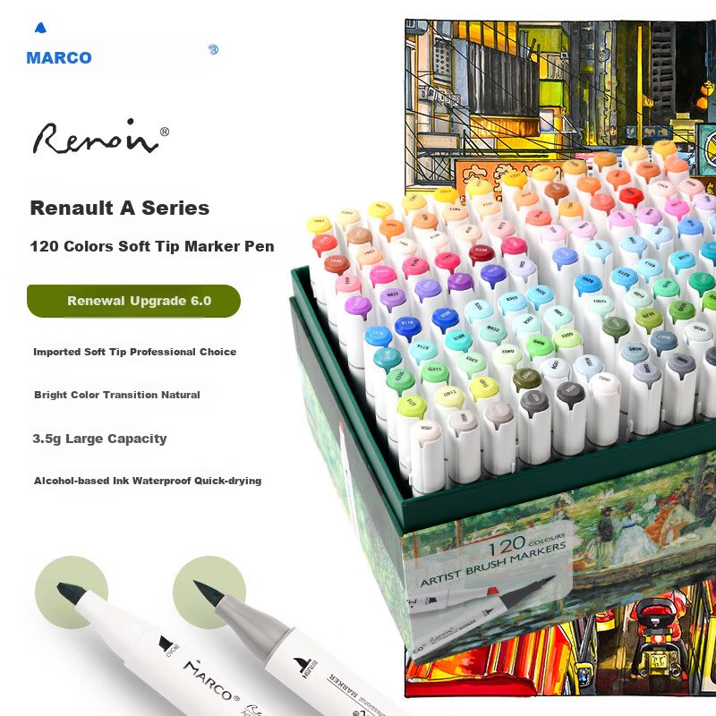 MARCO Renoir series imported sponge soft head marker pen six generations 120 colors art design student professional painting set double head alcohol gift box school gift