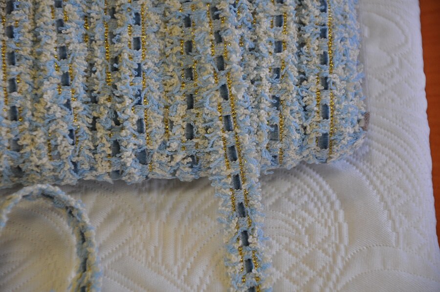 Тесьма твидовая Шанель голубого цвета с золотым люрексом 1,5 см, набор 1,50 метра (д-1450)