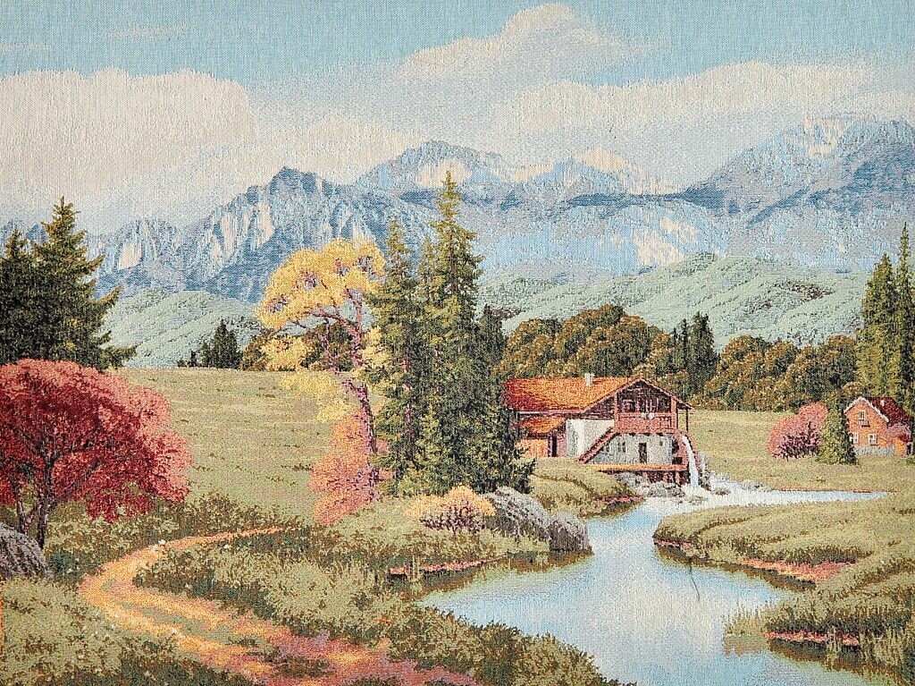 Средневековый гобелен "Тихая деревня" Декор в стиле пейзажа с осенними красками и горным пейзажем Без рамки для интерьера или подарка (50x65 см)