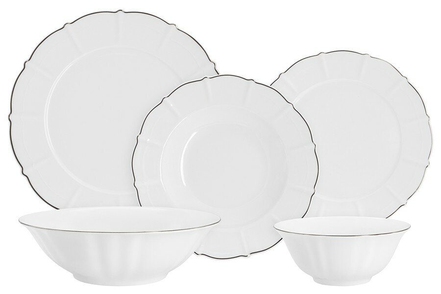 Сервиз обеденный, 12 перс, 42 пр, фарфор F, белый, с серебристым кантом, Lotus silver (Anna Lafarg Emily)