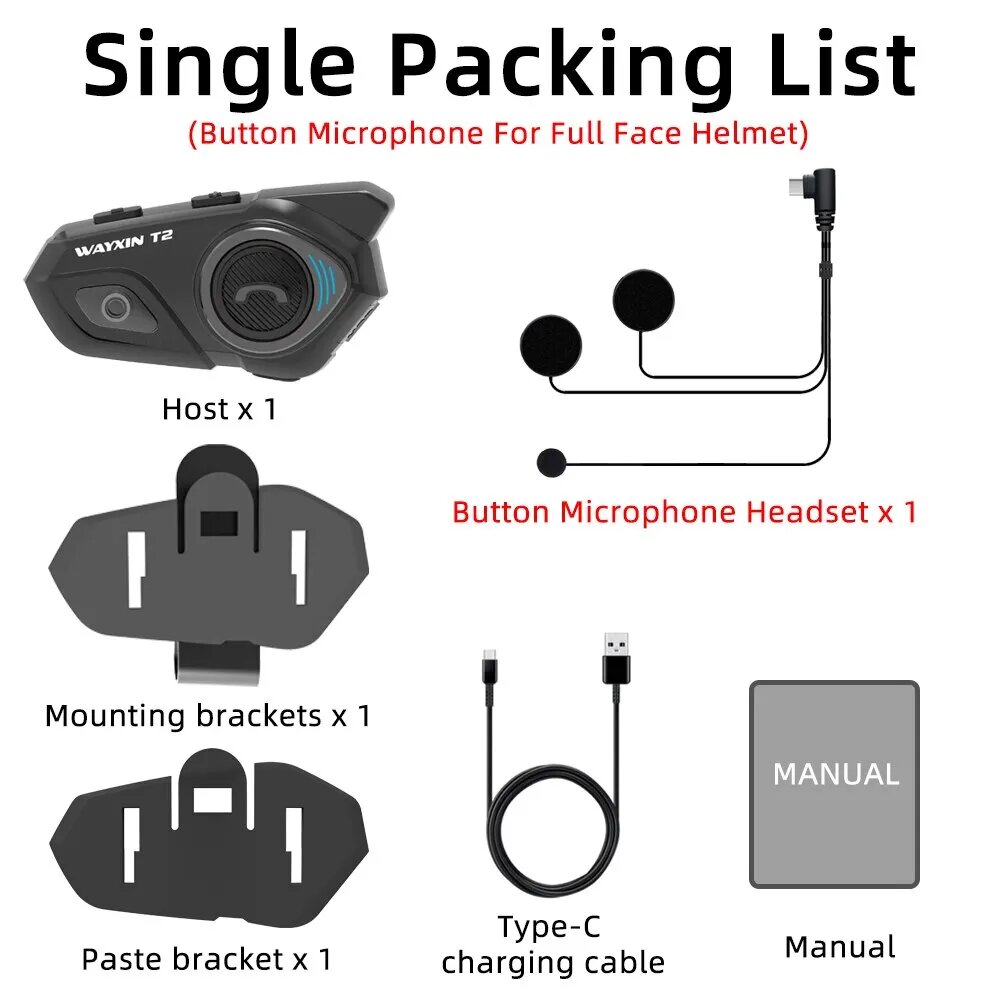 WAYXIN T2 мотогарнитура Bluetooth домофон, Button Mic