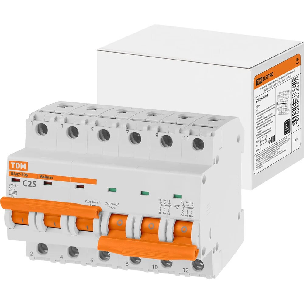 Автоматический выключатель с механической блокировкой (байпас) ВА47-29Б TDM ELECTRIC 3Р+3Р 25А 4,5кА х-ка C SQ0206-0409