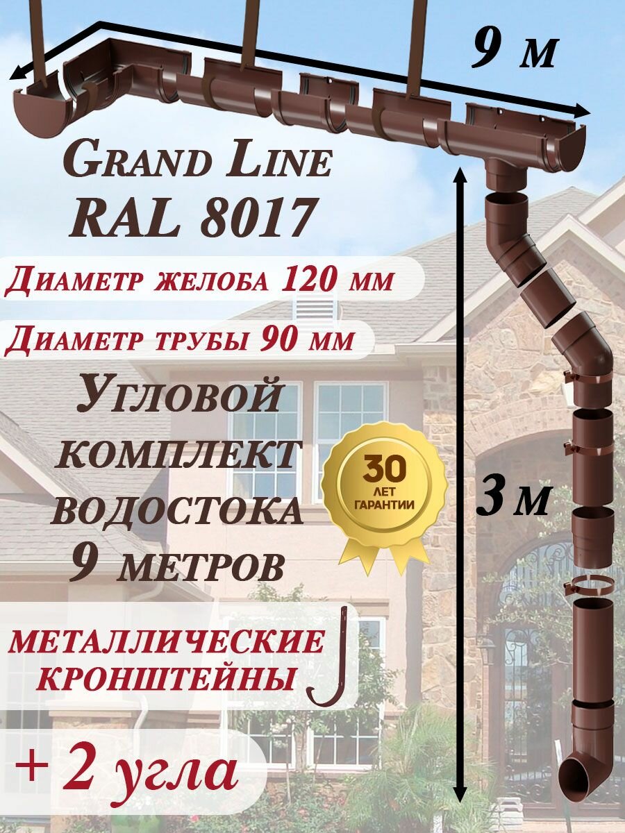 Угловой/прямой комплект водосточной системы 9 м с металлическими кронштейнами Grand Line (120/90 мм) коричневый для вальмовой кровли с 2 (внешним/внутренним) углами, водосток Гранд Лайн RAL 8017
