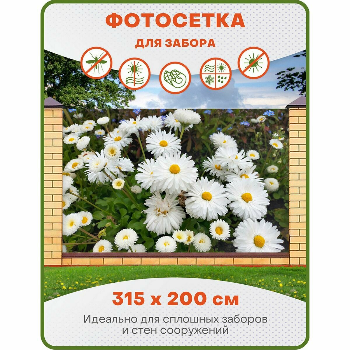 Фотосетка для забора и беседки Ромашки, фотофасад для дачи и террасы, люверсы в подарок, ФС274 , 315х200 см