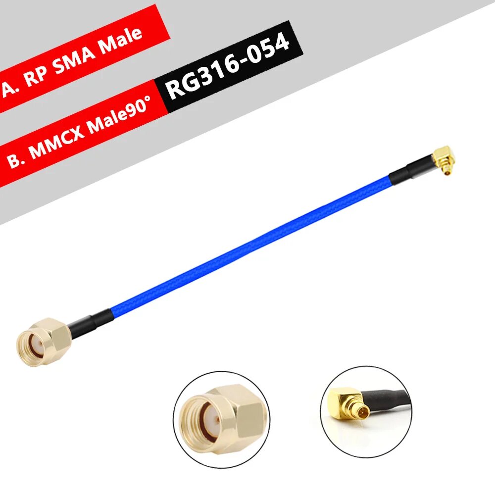 Кабель коаксиальный RG316 SMA-MMCX синего цвета 10CM, RP SMA M to MMCX M90