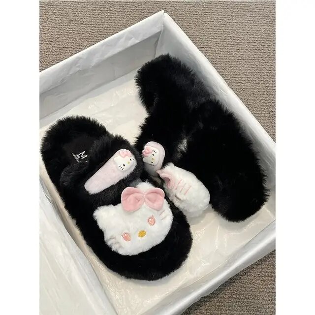 Hello Kitty, милые плюшевые тапочки с героями мультфильмов, женские зимние новые модные теплые домашние туфли, повседневные универсальные хлопковые тапочки в корейском стиле