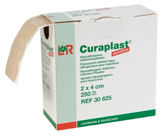 Пластырь Curaplast (Курапласт) для чувствительной кожи с подушечкой для закрытия мест инъекций 2х4см, 250шт, 30625