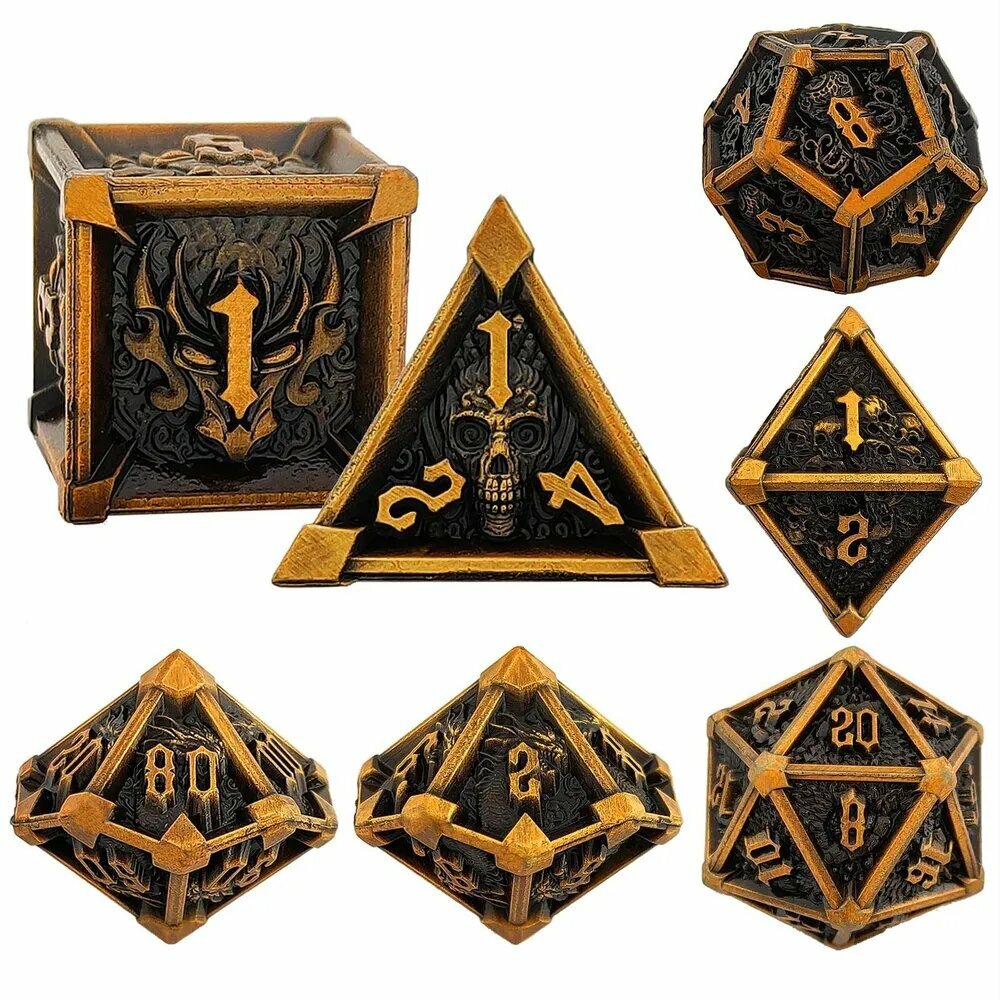 DnD Skull&Dragon Metal Dice Set, кубики метал для DnD и настольных ролевых игр (дайсы ДнД) 7 шт.