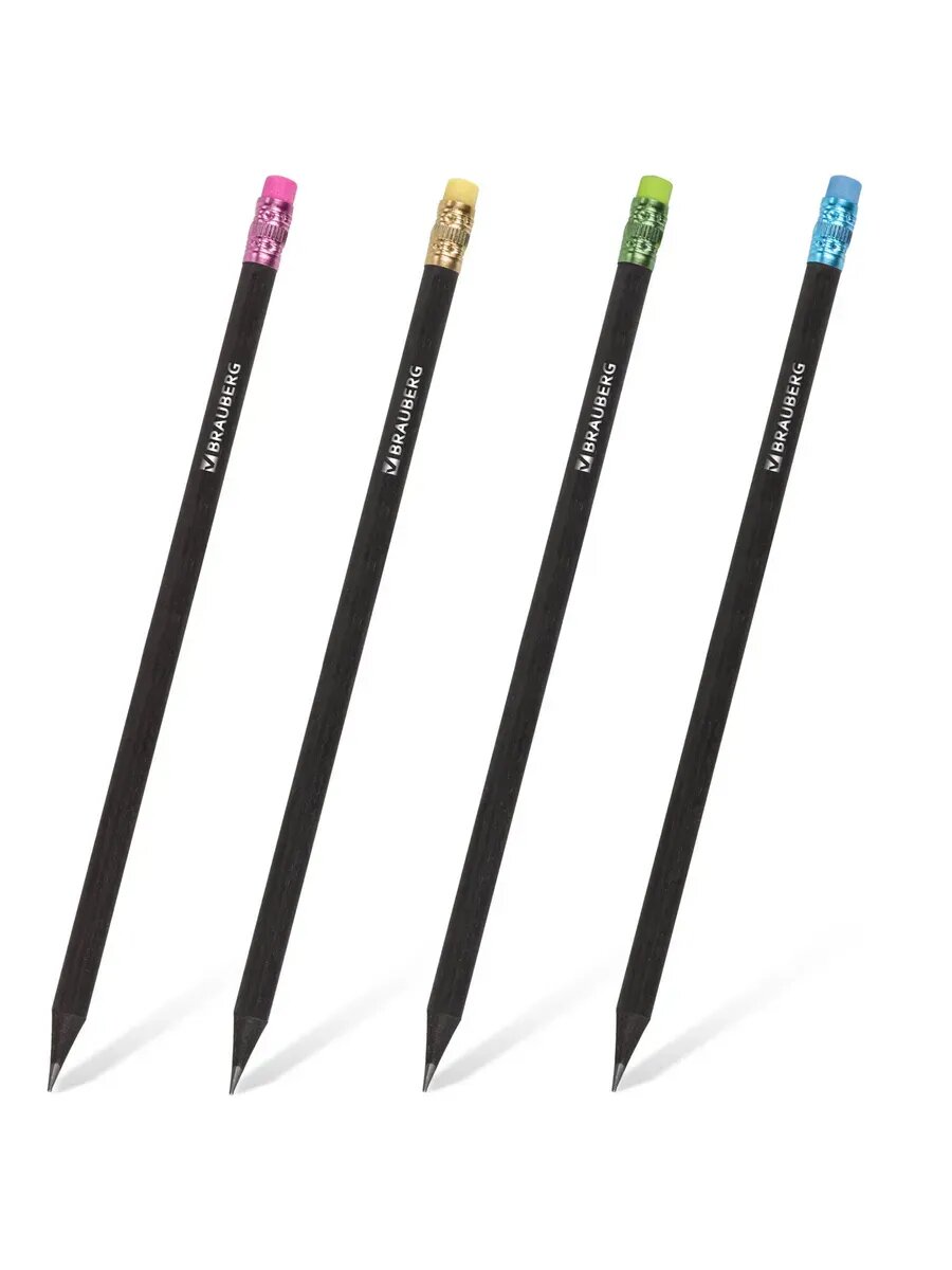 Карандаш простой BRAUBERG "Black Wood", грифель 2 мм, твердость НВ, ластик, 4 штуки