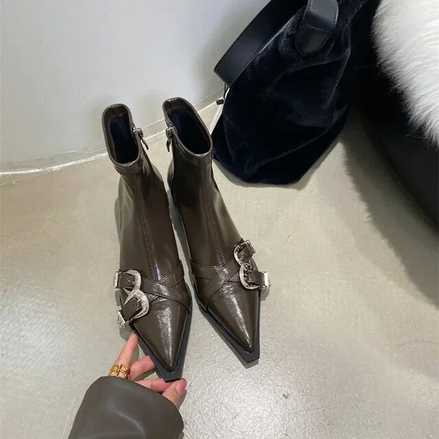 Дизайнерские женские ботильоны с острым носком, модные короткие ботильоны на толстом каблуке, осенне-зимняя женская обувь