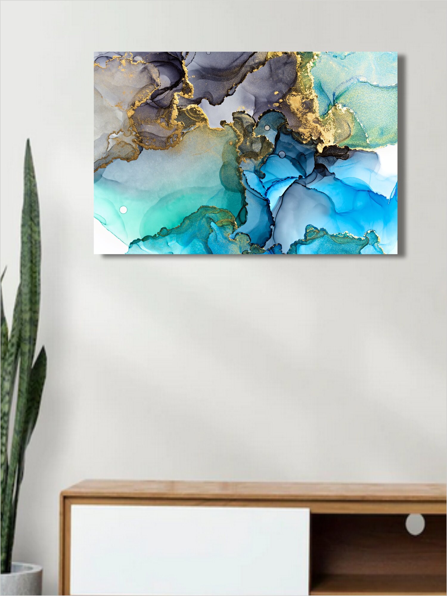 Картина для интерьера на стену абстракция. Голубые с золотом разводы 40х60 см на холсте на подрамнике