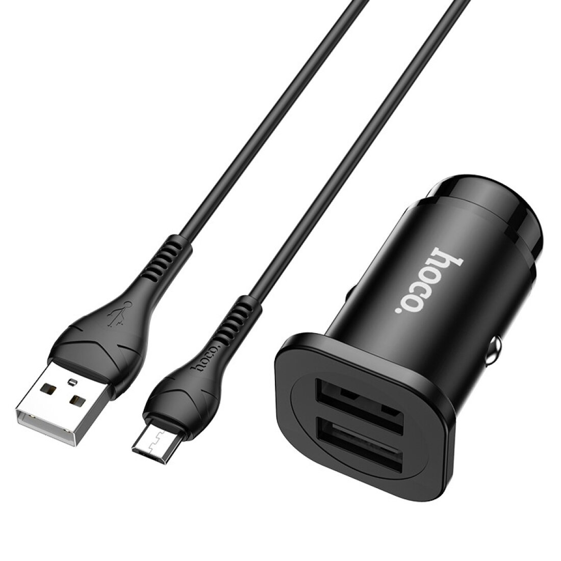 Автомобильное зарядное устройство, 2 USB 2.4A (NZ4), usb cable micro, HOCO, черный