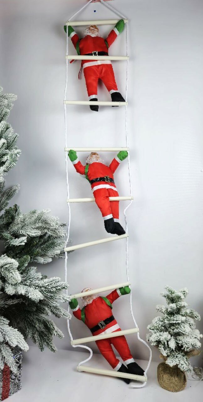Новогодняя игрушка-Три Деда Мороза (Санта Клаус) на подвесной лестнице, полный размер: 175*40см