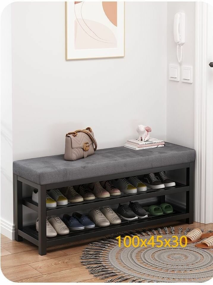 Подставка для обуви 2 в 1 с местом для хранения, органайзер для прихожей, мягкое сиденье, 100 см, черный и серый