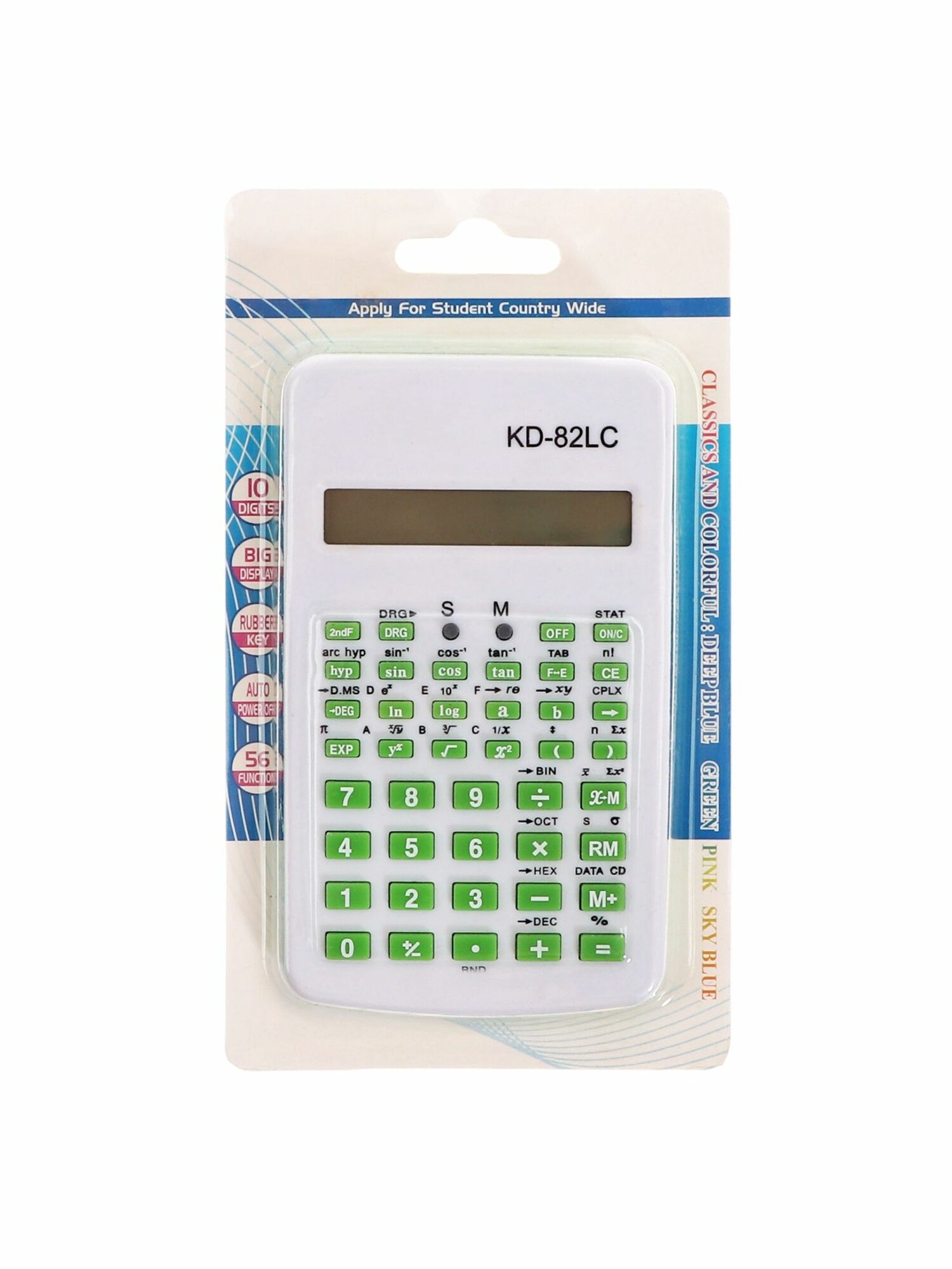 Калькулятор инженерный 10-разрядный, корпус белый, с зелеными кнопками