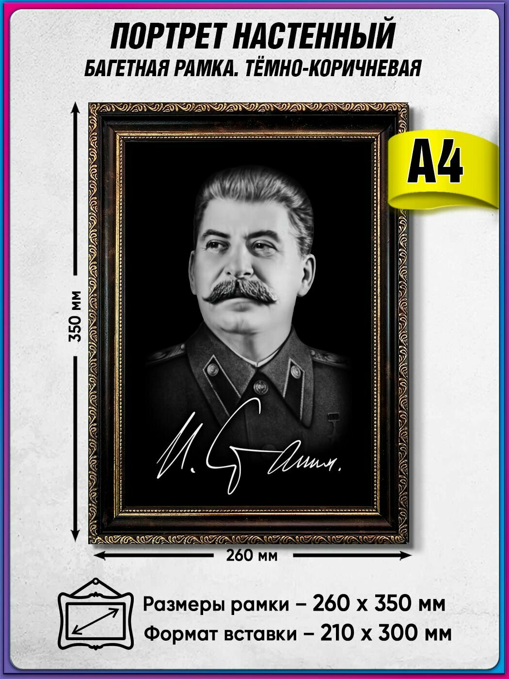 Портрет Сталина И. В. в багетной темно-коричневой рамке / А-4 (21x30 см.)