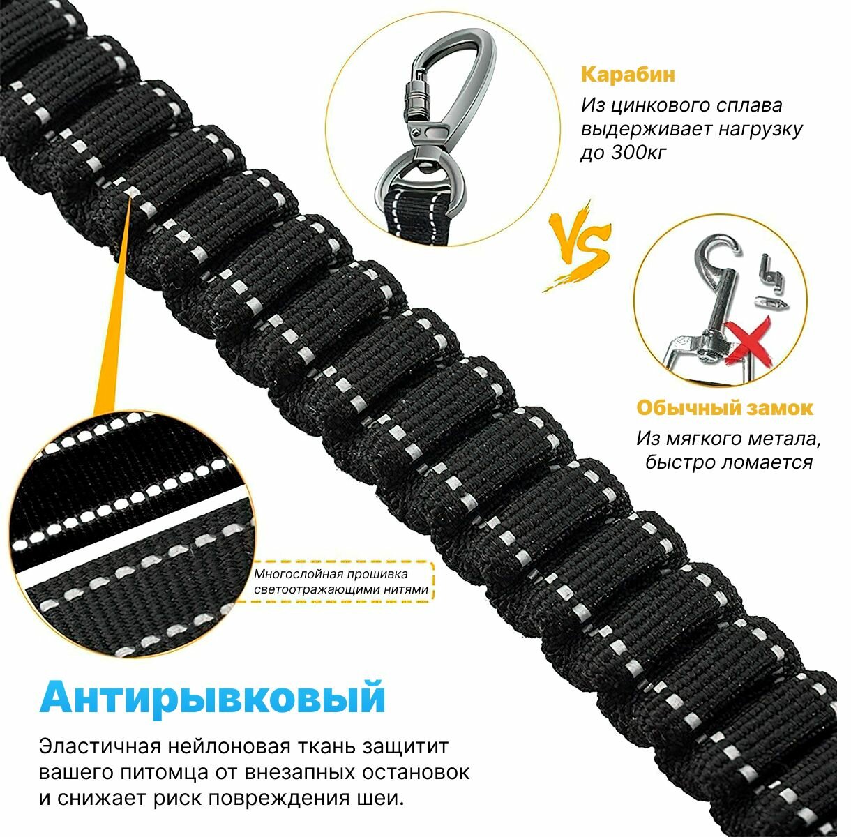 Поводок для собак Антирывковый с усиленным карабином 4 в 1 для средних и крупных пород,1,5 метра, черный**