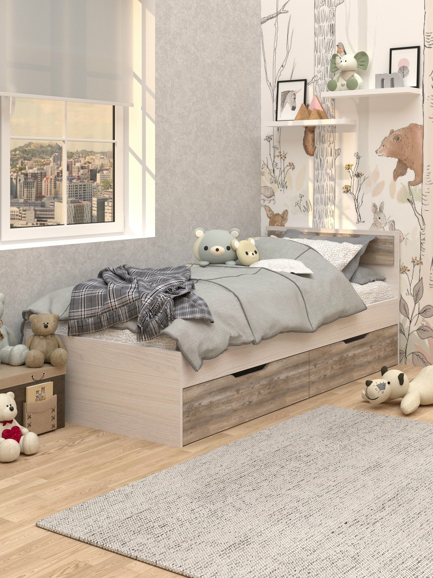 Есэндвич Монако Кровать 90х200 односпальная 203х78х93 см (Анкор белый/Бетон пайн экзотик) с ящиками