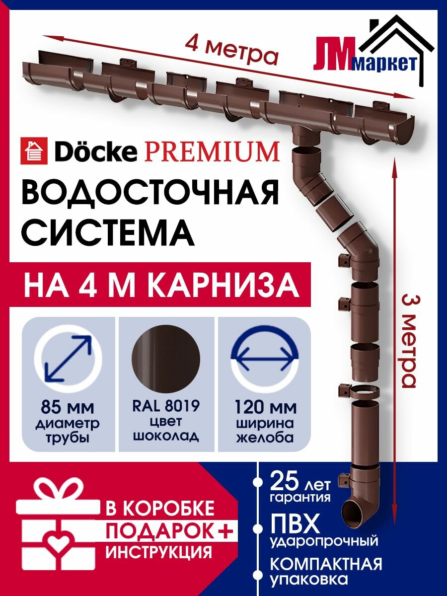 Водосток для крыши дома Docke Premium, 4 м/3 м, RAL 8019, цвет шоколад, водосточная система, комплект